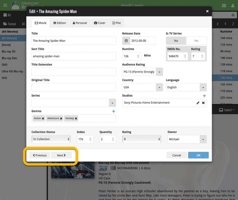 Next / Previous buttons in the Edit Movie screen - CLZ Movies Web - CLZ.com