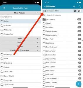v5.5 New folder options for Creators and Characters - CLZ Comics Mobile - CLZ.com