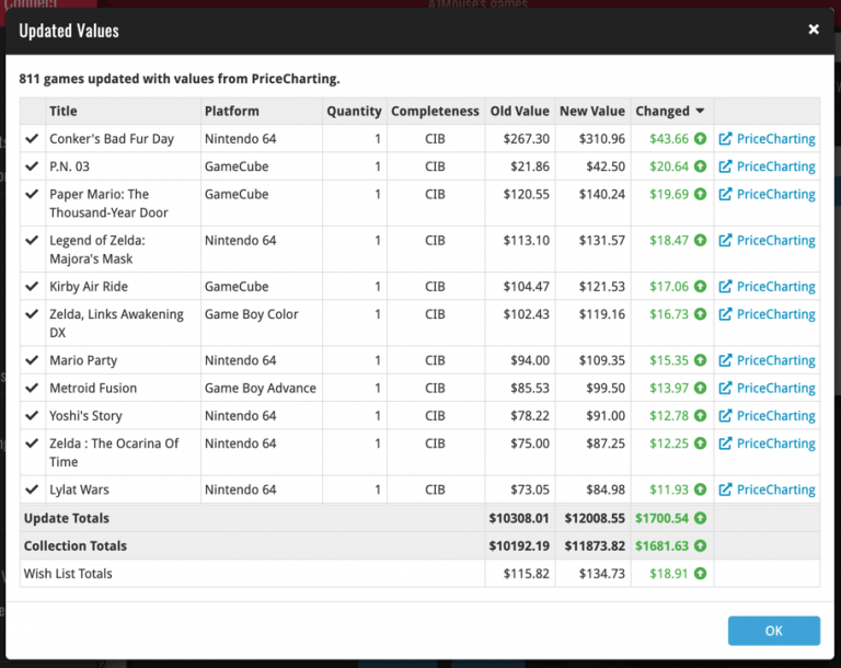New “Updated Values” report after updating values from PriceCharting - CLZ Games Web - CLZ.com