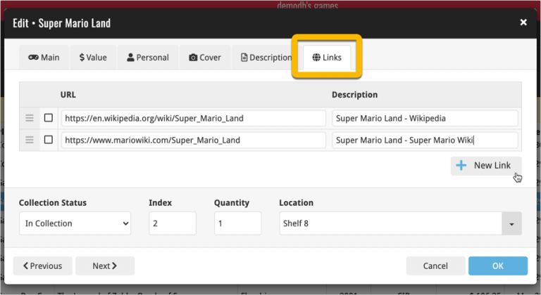 New: add website links to your game entries - CLZ Games Web - CLZ.com