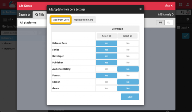 New “Add from Core” settings: select which fields you want to download from Core - CLZ Games Web ...