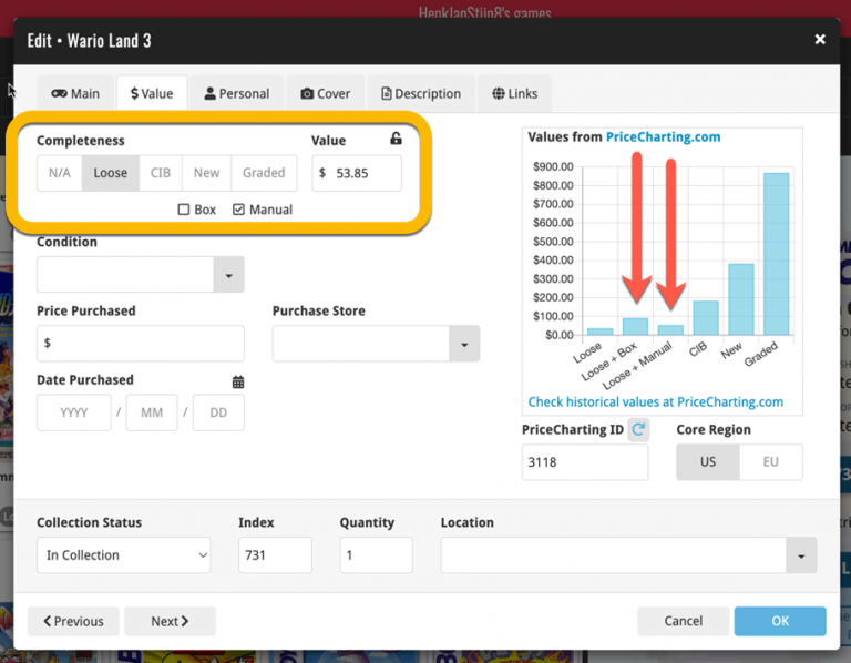 More value data from PriceCharting (Graded, Box only, Manual only) - CLZ Games Web - CLZ.com